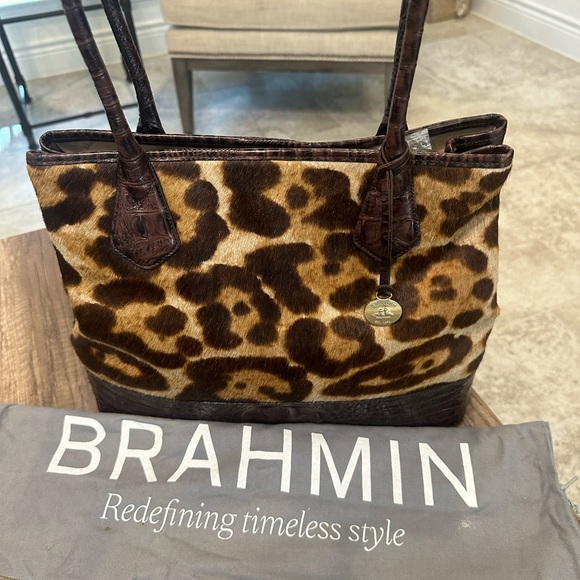 Brahmin | Bags | Brahmin Leather Luxe Leopard Print Calf Hair Tote New ...